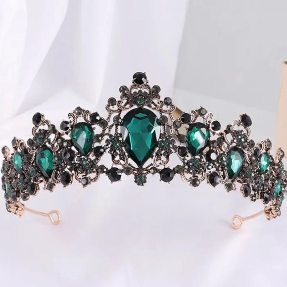 Accessories | Vintage Baroque Goth Black Tiara Crown Teal Emerald Green ...